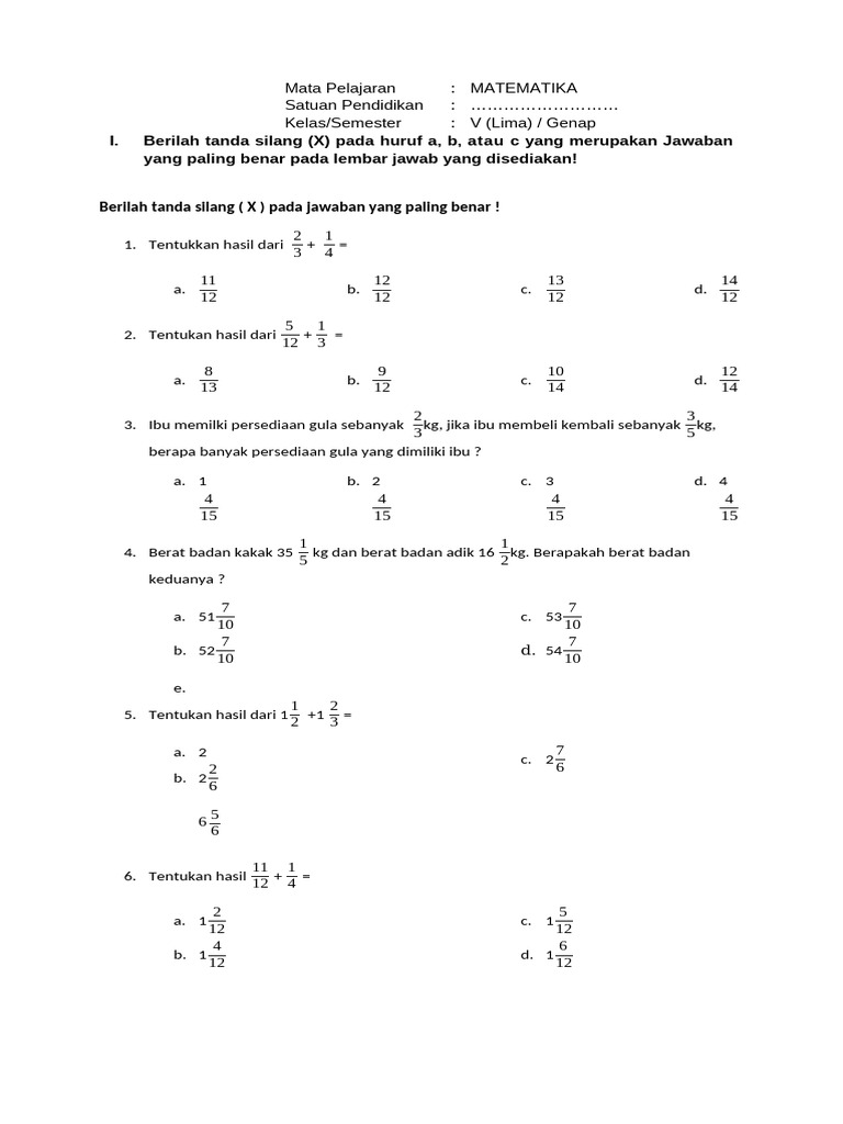 Soal MTK Kls 5 | PDF
