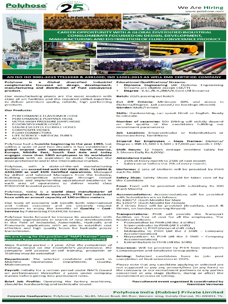 Polyhose India NAPS Trainee 2025 Batch | PDF