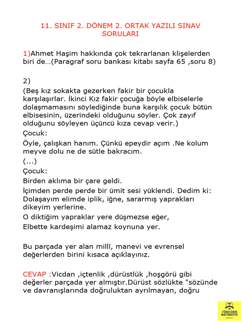 11.sinif 2.dönem 2.ortak Yazili Sinav Sorulari | PDF