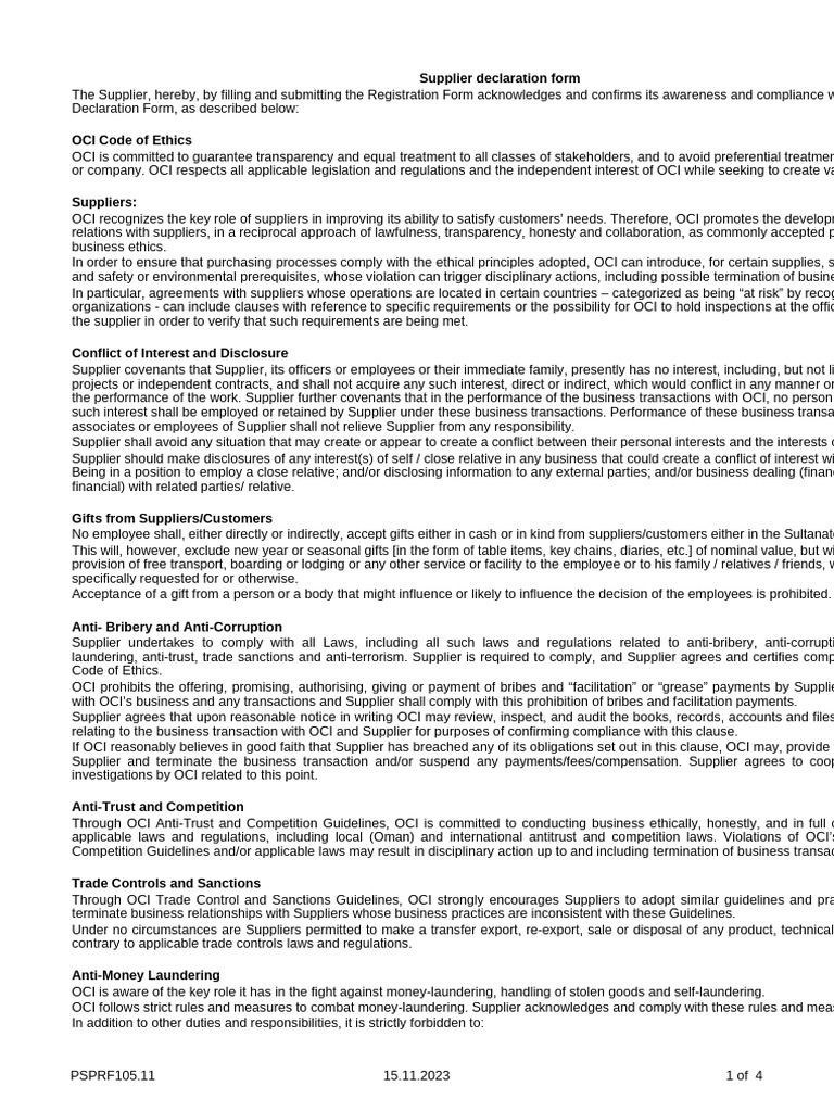 Supplier Declaration Compliance Form | PDF | Information Security | Bribery