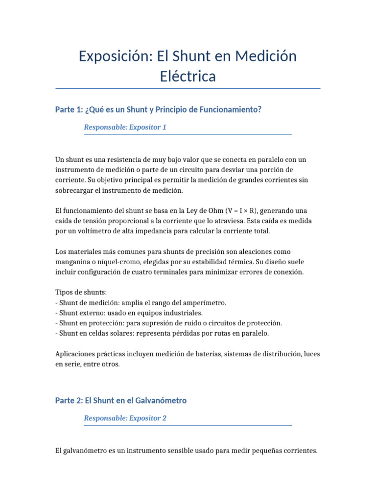 Exposicion Shunt | PDF | Corriente eléctrica | Resistencia Eléctrica y Conductancia