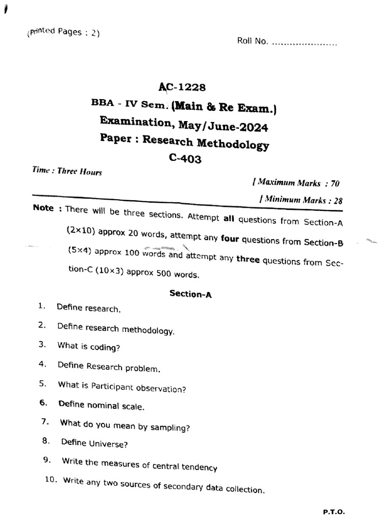 Bba 4 Sem Research Methodology Ac 1228 Jun 2024 | PDF