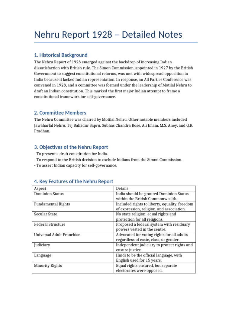 Nehru Report 1928: Key Features & Impact | PDF | British Raj | Politics ...