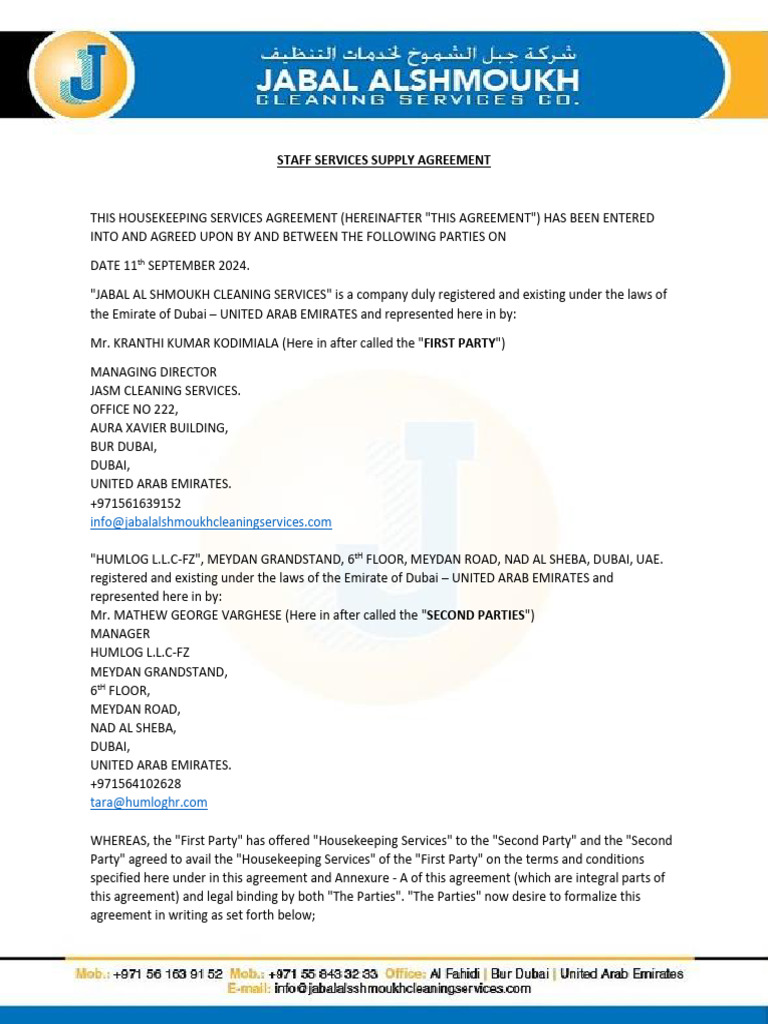 HUMLOG L.L.C-FZ STAFF SUPPLY AGREEMENT | PDF | Employment | United Arab ...