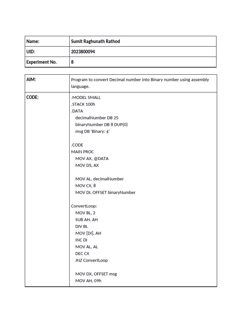 Exp 8 | PDF | Assembly Language | Integer (Computer Science)