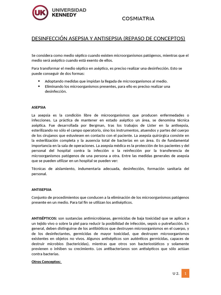 Asepsia y Antisepsia en Cosmiatría | PDF | Esterilización ...
