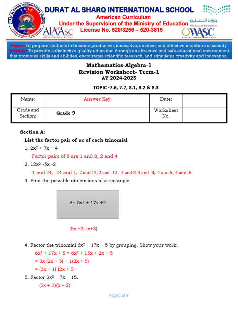 GR 9 Algebra Revision Sheet (Ans) | PDF | Theoretical Computer Science | Mathematics