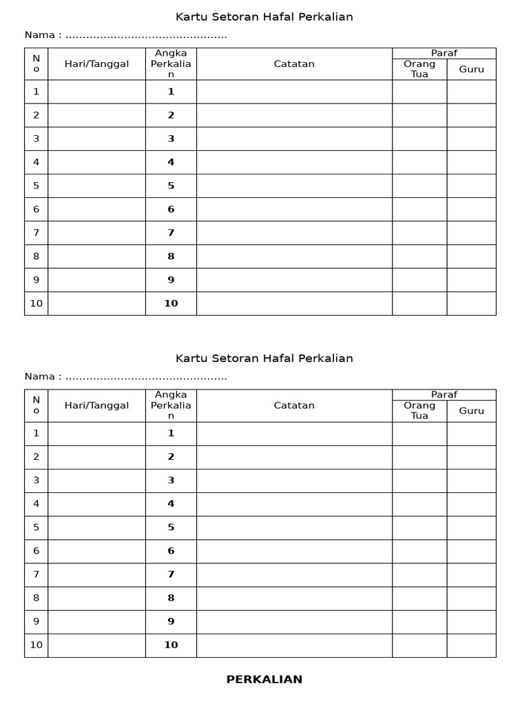 Kartu Setoran Hafal Perkalian | PDF