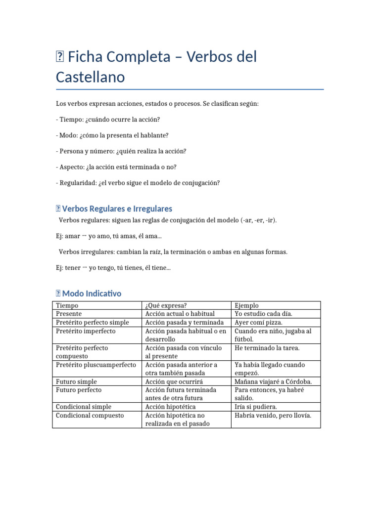 Ficha Completa Verbos Castellano | PDF | Verbo | Conjugación gramatical