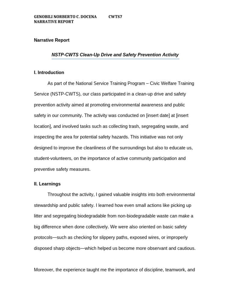 NSTP CWTS Narrative Report | PDF