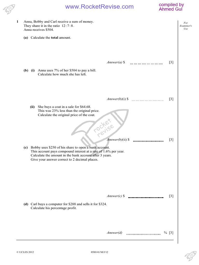 IGCSE Math 0580 past paper paper 4 | PDF | Interest | Percentage