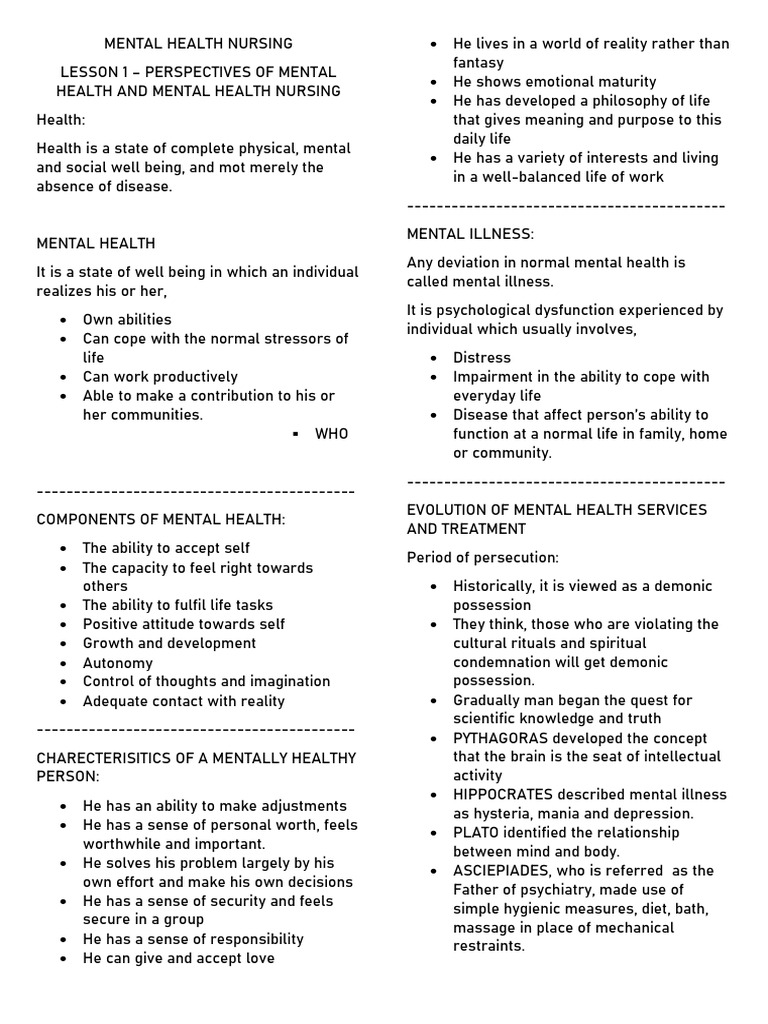 MHN lesson 1 (Perspectives of mental health Nursing) | PDF | Psychiatry | Mental Health