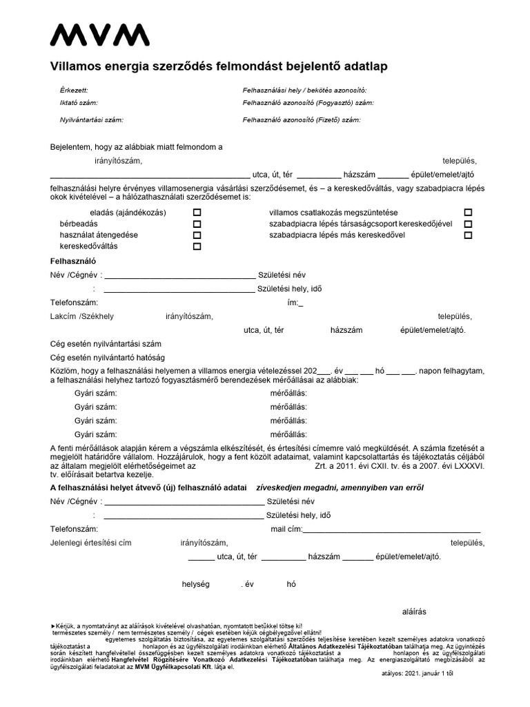 Villamos Energia Szerz - Dés Felmondást Bejelent - Adatlap | PDF