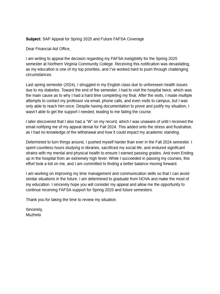 Subject - SAP Appeal For Spring 2025 and Future FAFSA Coverage | PDF