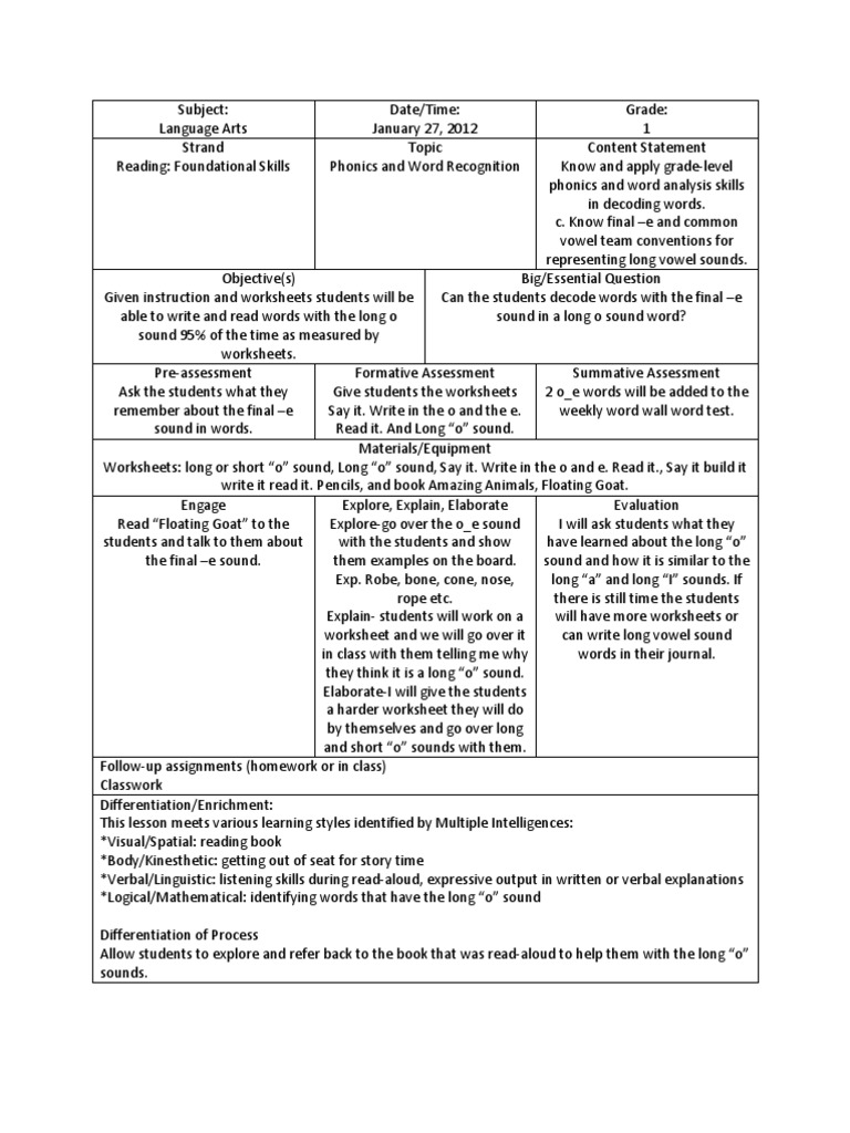 Long Vowel 'O' Phonics Lesson Plan | PDF | Neuropsychology | Cognition