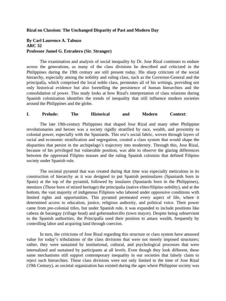 TABUZO - Rizal On Classism - The Unchanged Disparity of Past and Modern ...