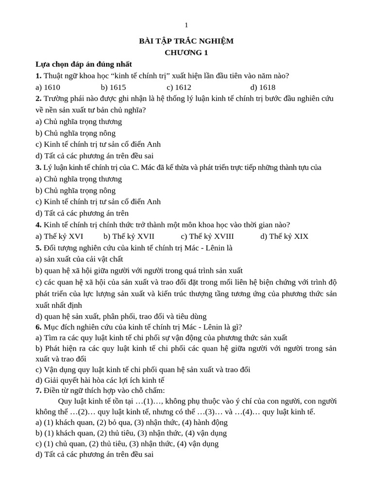 BÀI TẬP TRẮC NGHIỆM CHƯƠNG 1 2 3 KTCT | PDF