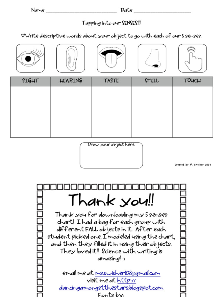 Name Date Tapping Into Our SENSES!!! Write Descriptive Words About Your ...
