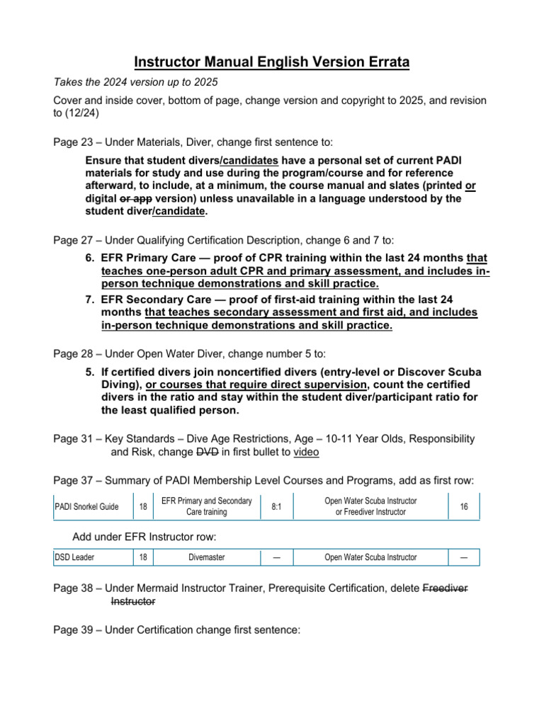 PADI Instructor Manual 2025 Errata | PDF | Scuba Diving | Underwater Diving