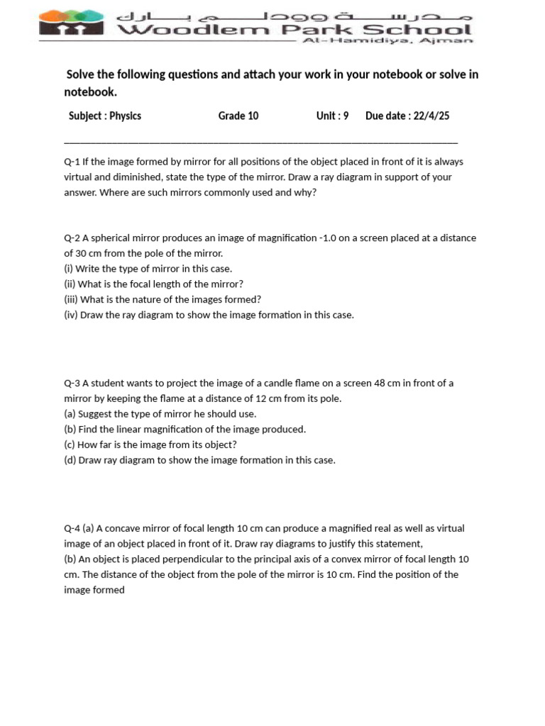 GR 10 Physics - Worksheets Mirror Formula - Week-14-18 April | PDF