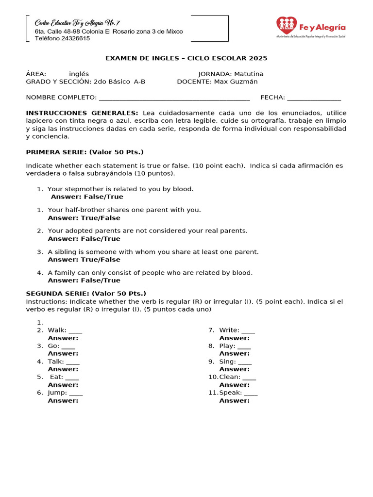 EXAMEN DE INGLES 2do. BASICO 2025 | PDF