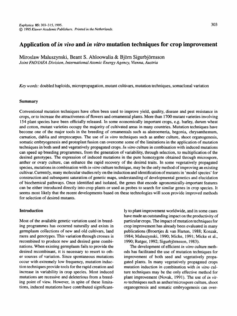 1995 Kulwer Et Al Application of in Vivo and in Vitro Mutation Techniques For Crop Improvement ...