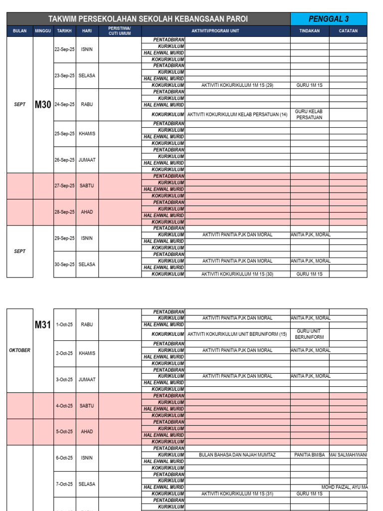 Takwim dan Kalender Persekolahan 2025 - SK PAROI PENGGAL 3 | PDF