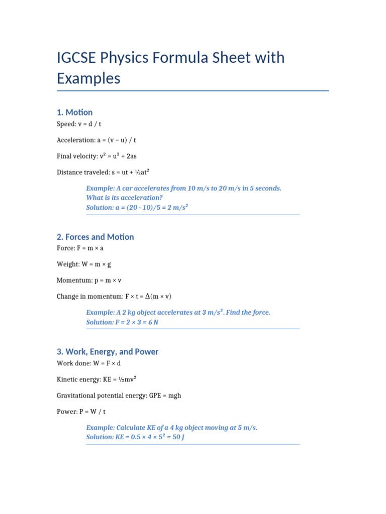 IGCSE Physics Formula Sheet With Examples | PDF