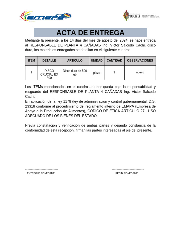 ACTA DE ENTREGA de Equipos | PDF | Economias