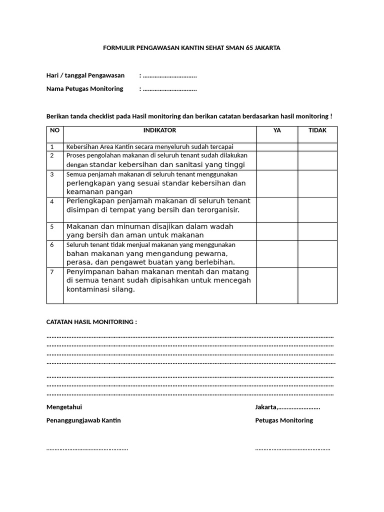 Pengawasan Kantin Sehat SMAN 65 Jakarta | PDF