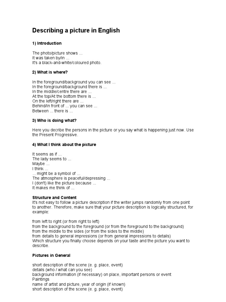 Describing A Picture In English PDF Arts General 