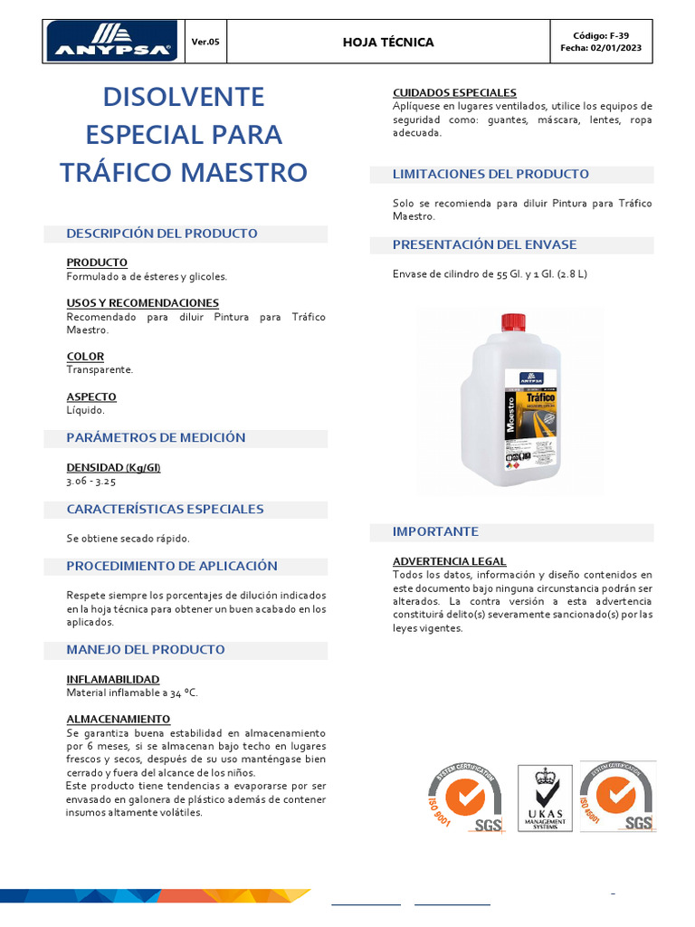 Disolvente Especial para Trafico Maestro. | PDF