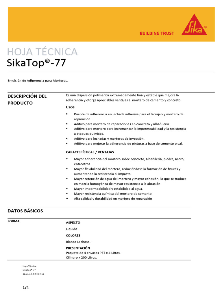 Ht-Sika Top 77 | PDF | Hormigón | Mortero (Albañilería)