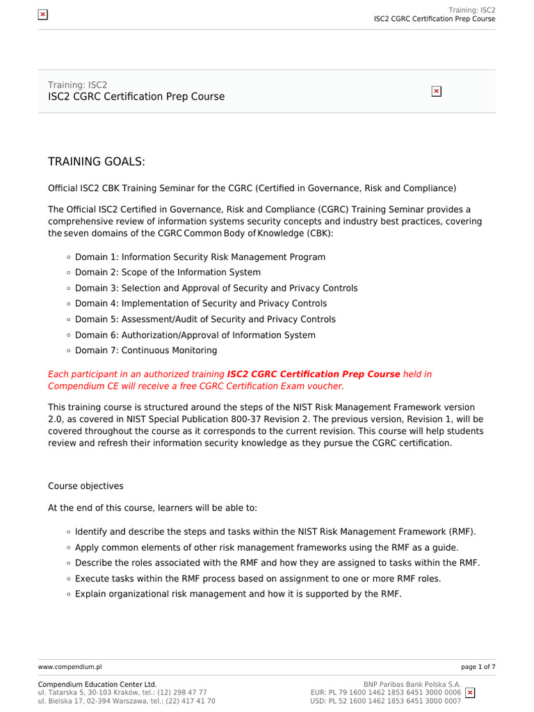 Compendium Training 5926 Isc2 CGRC Certification Prep Course | PDF ...