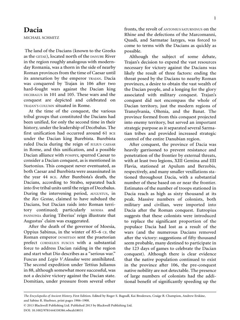 The Encyclopedia of Ancient History Dacia (Bagnall, Roger S Brodersen ...