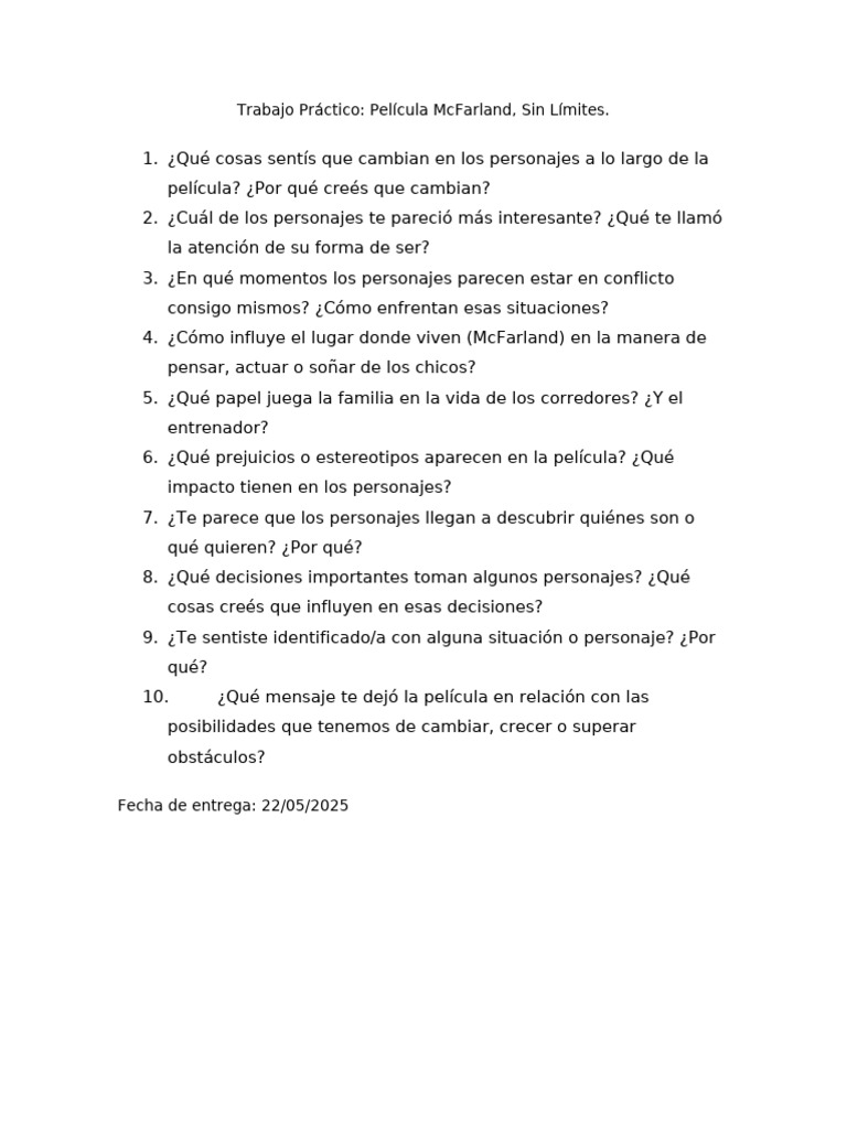 Trabajo Práctico - Pelicula McFarland | PDF