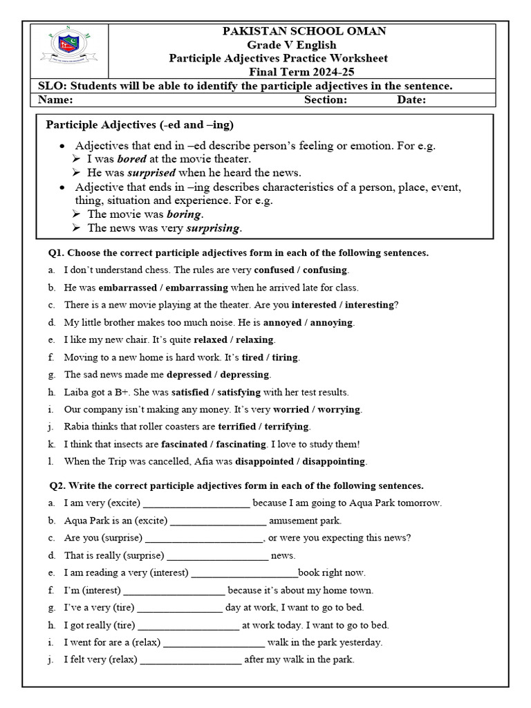 Eng Grade 5 Participle Adjectives Worksheet | PDF