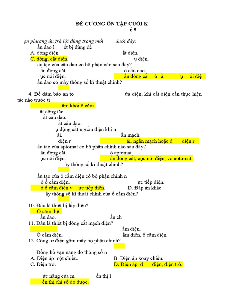 Đề cương ôn tập cuối kì 1 - CN9 | PDF