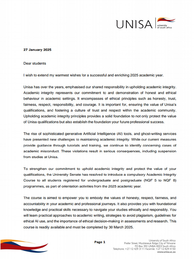 Academic Integrity Course Student, Unisa | PDF