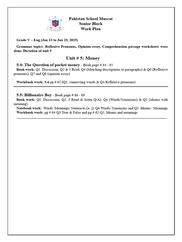 Grade 5 - Eng Work (Jan 13 To Jan 23, 2025) | PDF