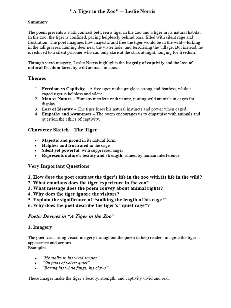 A Tiger in The Zoo Notes | PDF | Tiger | Zoo