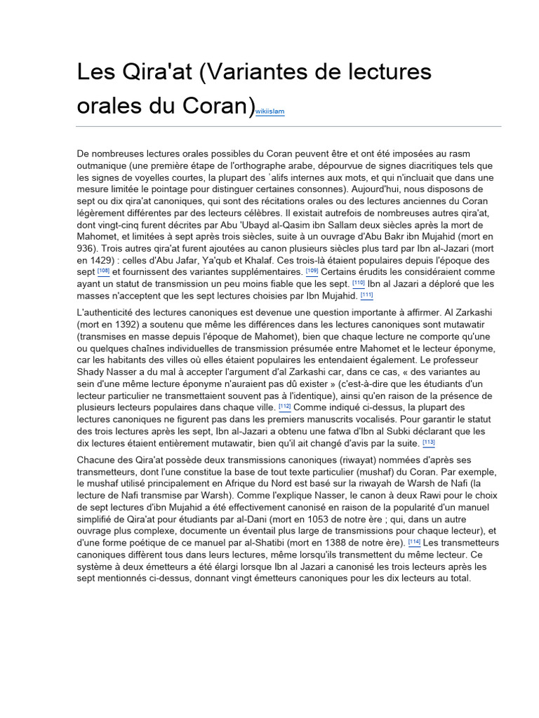 Variantes de lectures du Coran: Qira'at | PDF | Coran | Islam