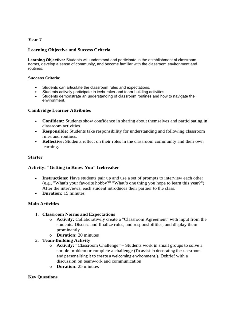 First Day of School Plan | PDF | Team Building | Goal Setting