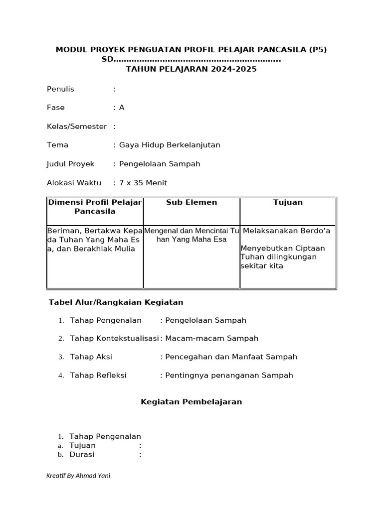 Contoh Modul Proyek Penguatan Profil Pelajar Pancasila | PDF