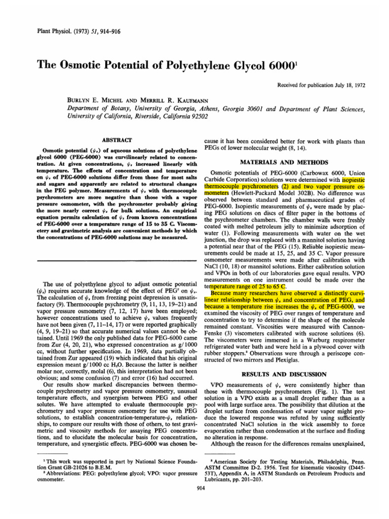 1973 MICHEL The Osmotic Potential of Polyethylene Glycol 60001 | PDF | Chemistry | Physical ...