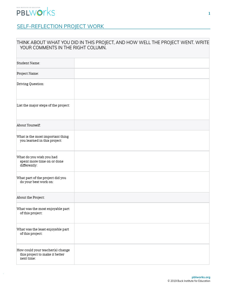 PBLWorks Self Reflection On Project Work | PDF