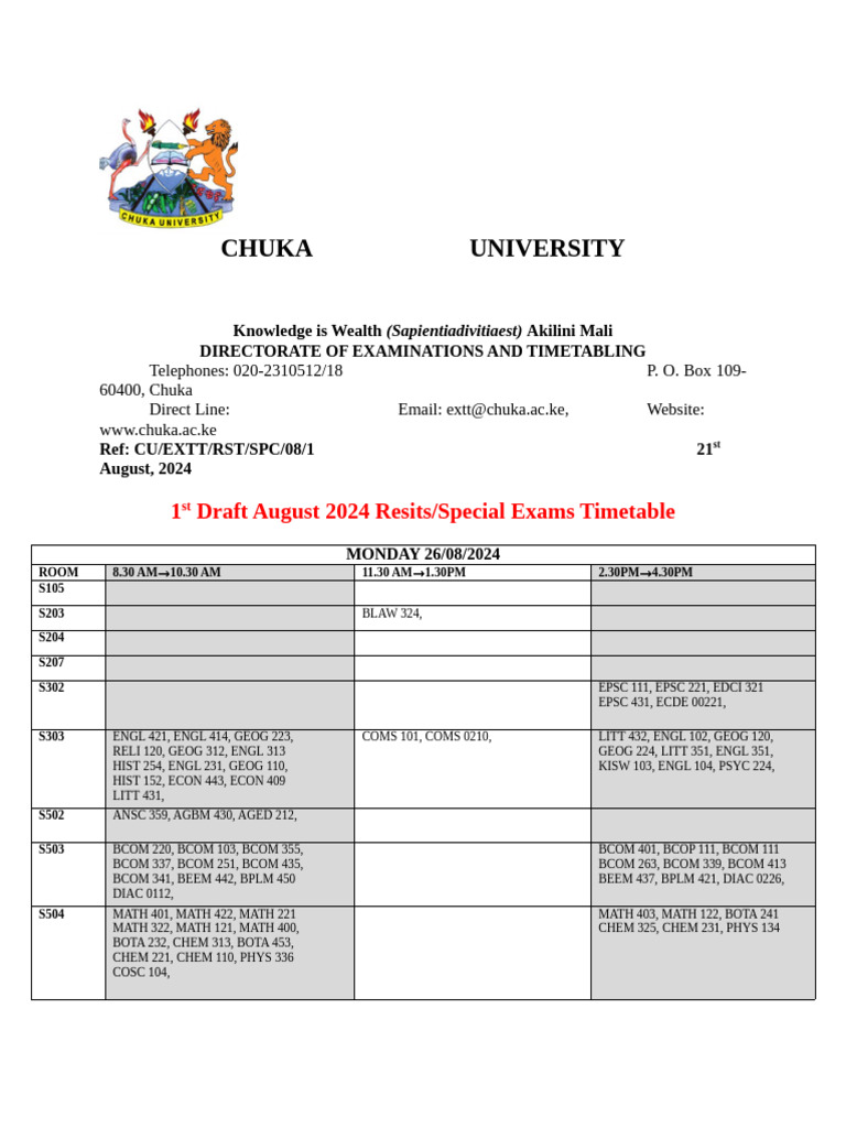 Final Draft August 2024 Resits Timetable | PDF