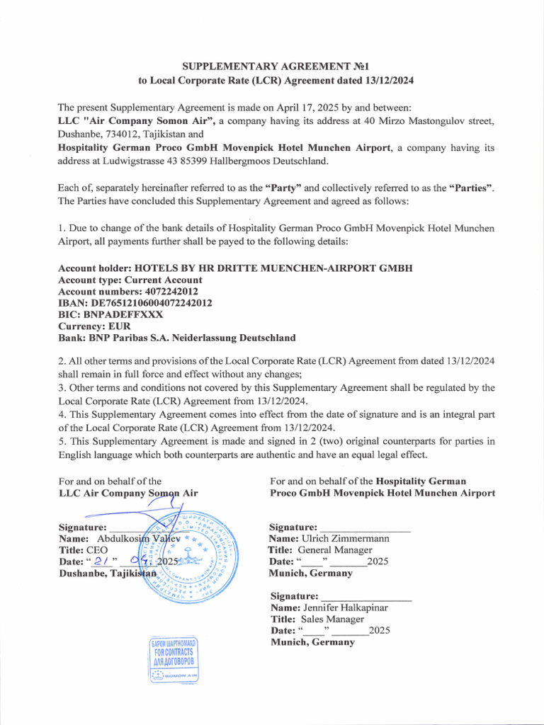 Supplementary Agreement 1 To Local Corporate Rate Agreement With MOVENP ...
