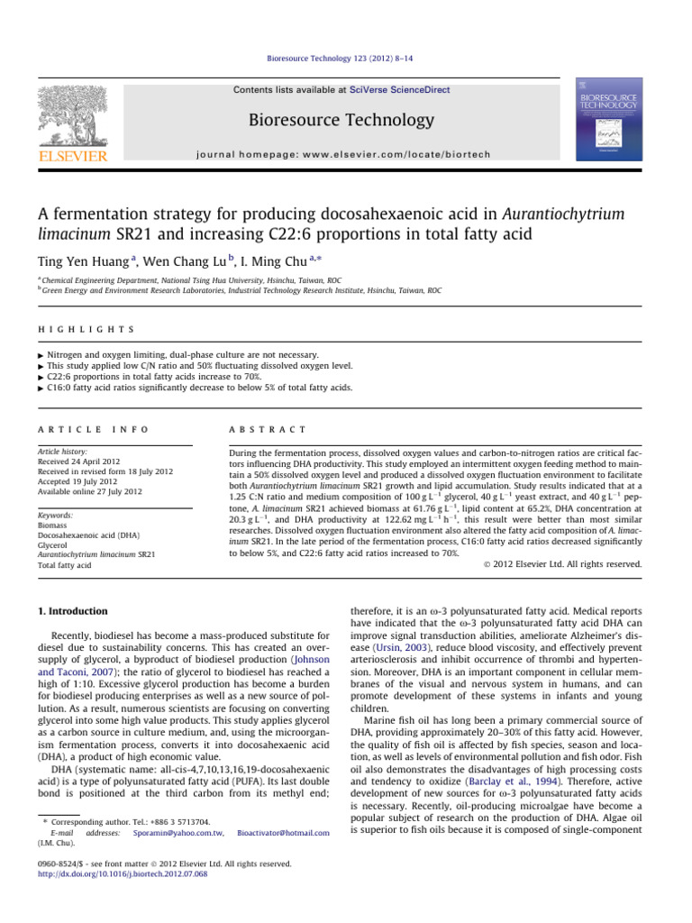 A Fermentation Strategy For Producing Docosahexaenoic Acid in Aurantiochytrium Limacinum SR21 ...
