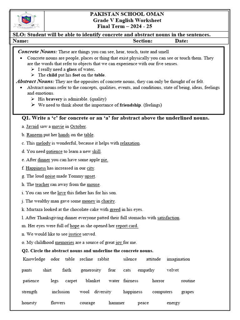Grade 5 Concrete and Abstract Noun Worksheet | PDF | Courage | Psychology